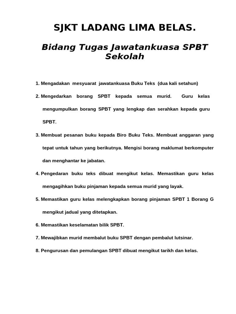 Bidang Tugas Jawatankuasa SPBT | PDF