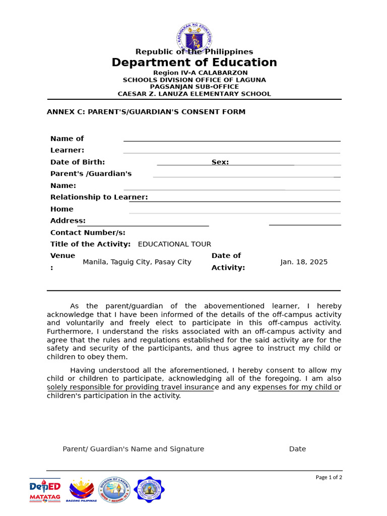 Parents Consent Fieldtrip | PDF