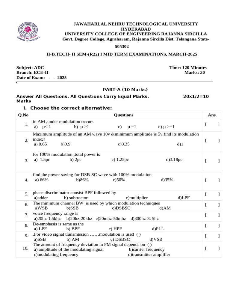 Adc Question Paper Ii-I Ece | PDF | Frequency Modulation | Detector (Radio)