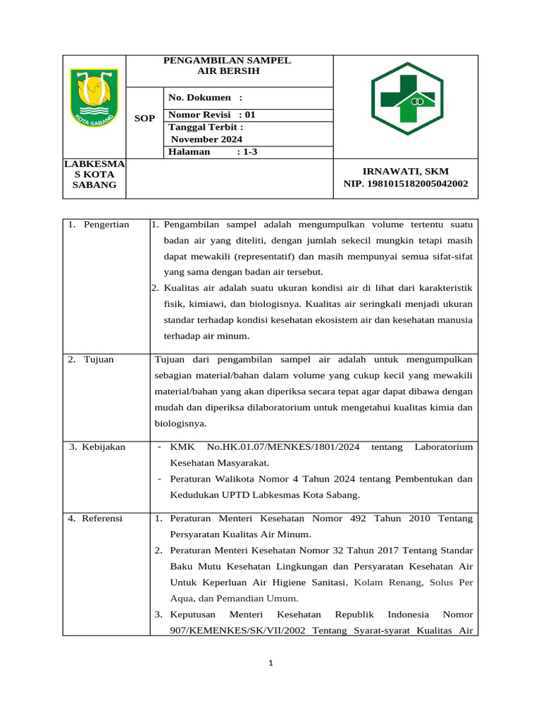 Sop Pengambilan Sampel Air | PDF
