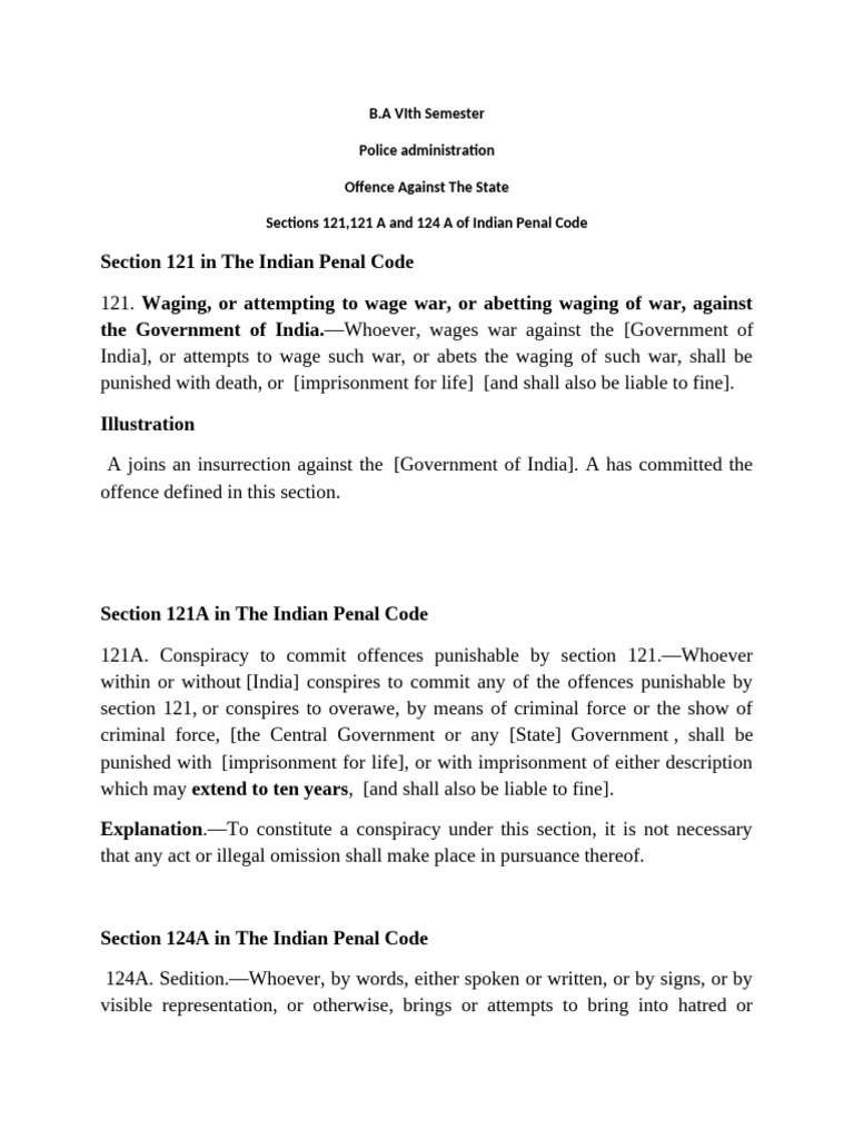 Offence Against The State Sections 121,121 A and 124 A | PDF