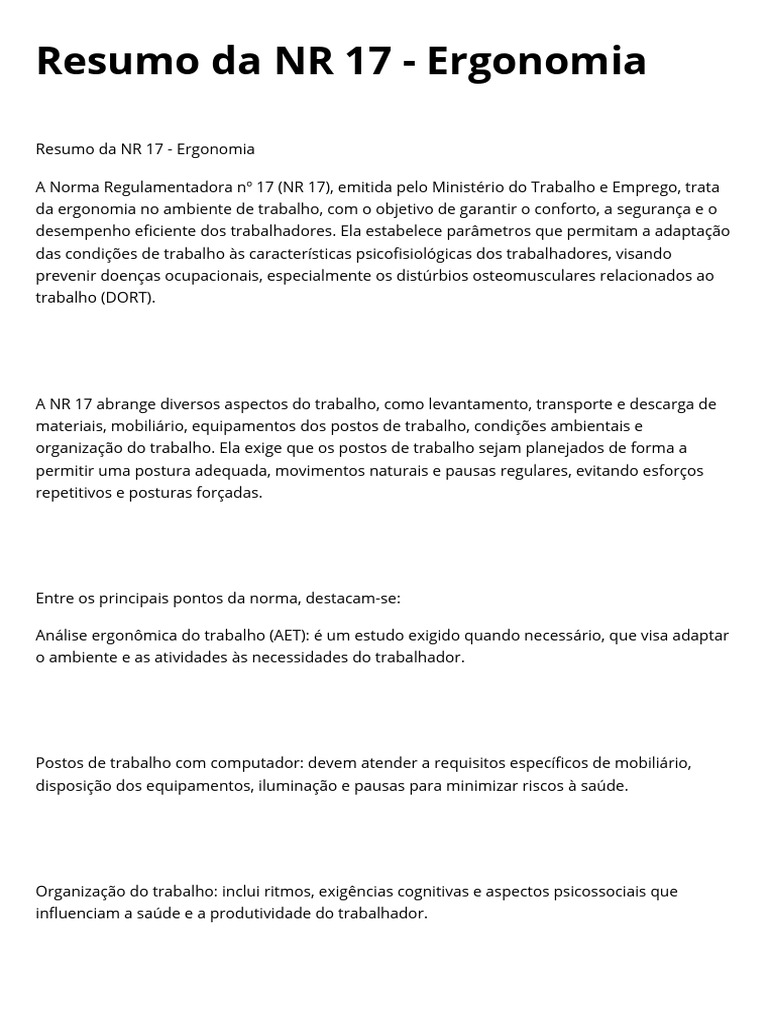 Resumo da NR 17: Ergonomia no Trabalho | PDF