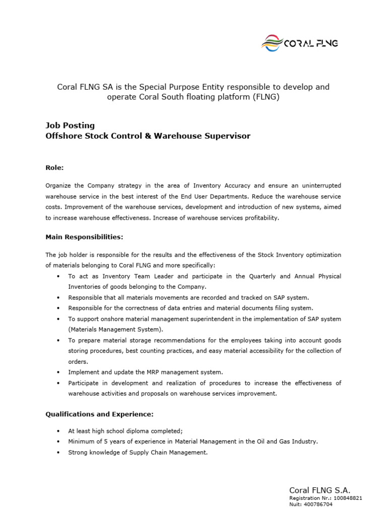 Offshore Stock Control & Warehouse Supervisor | PDF | Warehouse | Inventory