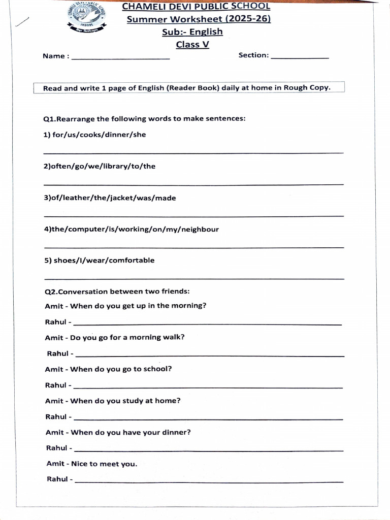 Class 5 English Worksheet | PDF