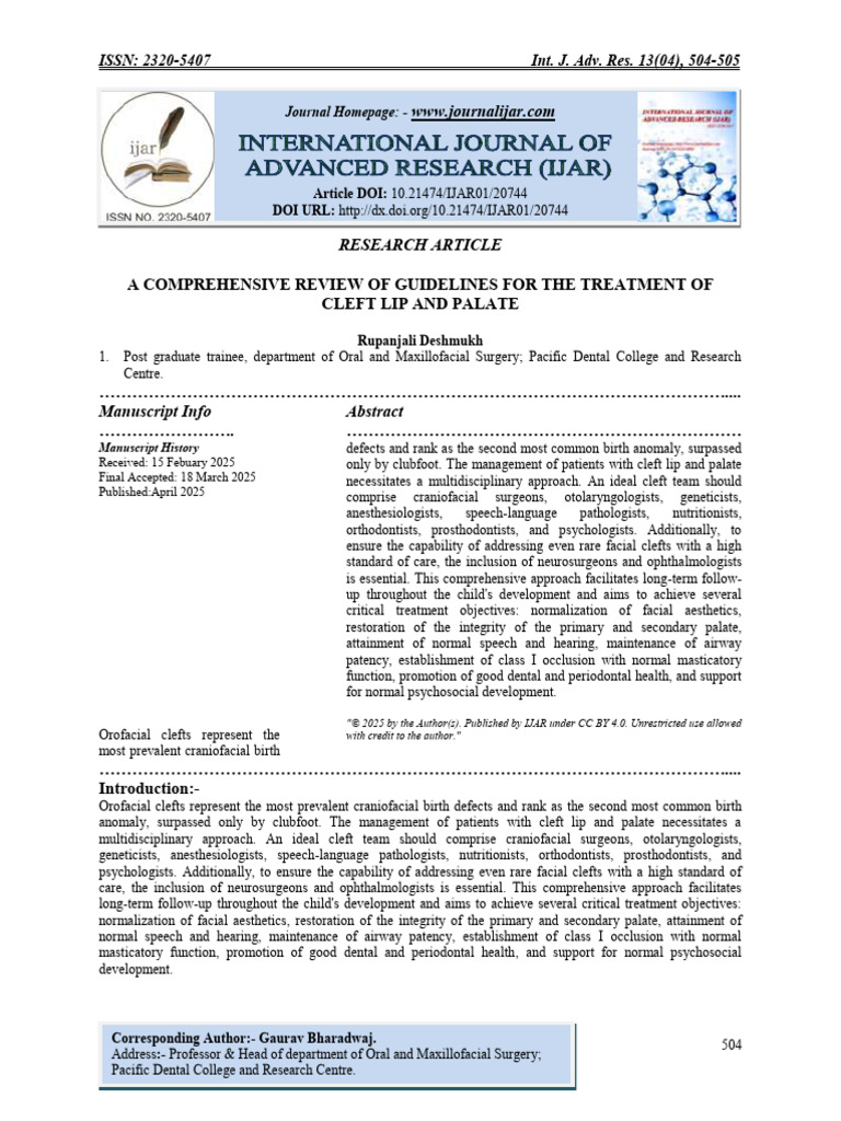 A Comprehensive Review of Guidelines For The Treatment of Cleft Lip and Palate | PDF ...