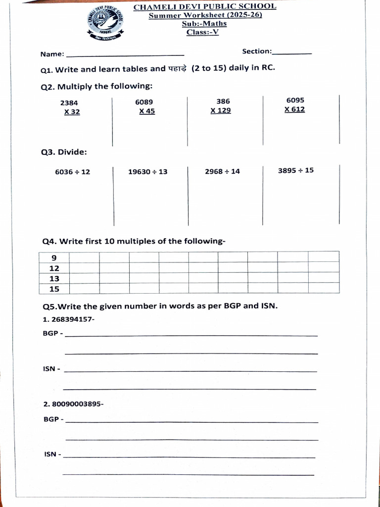 Class 5 Maths Worksheet | PDF