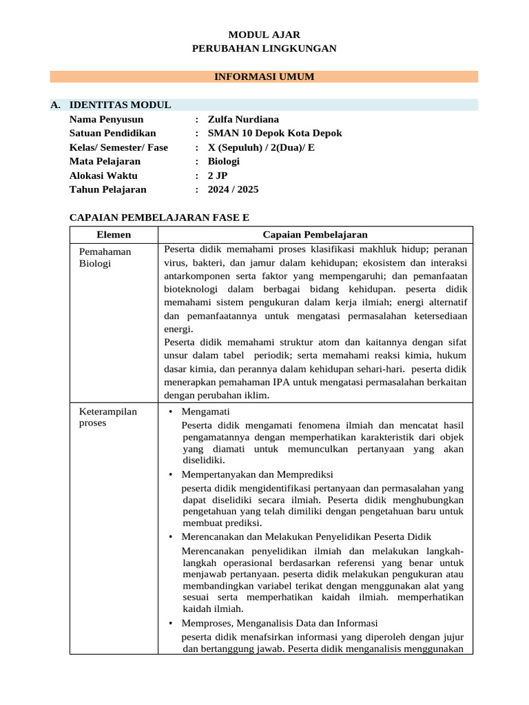 Modul Ajar Perubahan Lingkungan - Edit | PDF