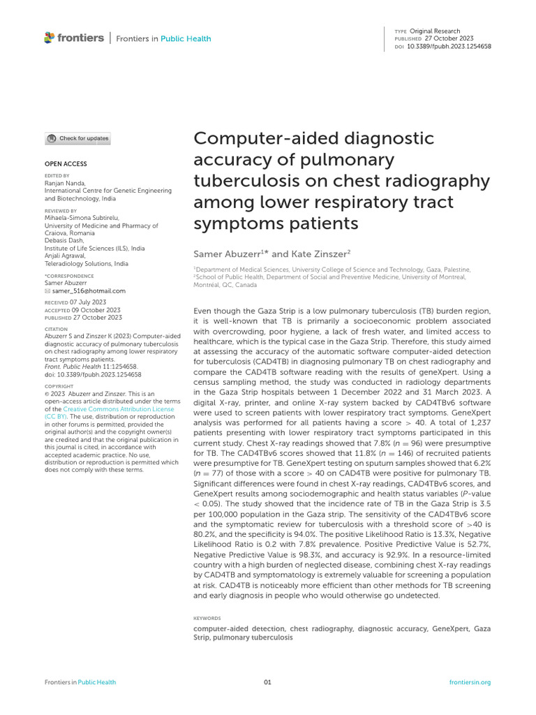 Computer-Aided Diagnostic Accuracy of Pulmonary Tuberculosis On Chest Radiography Among Lower ...