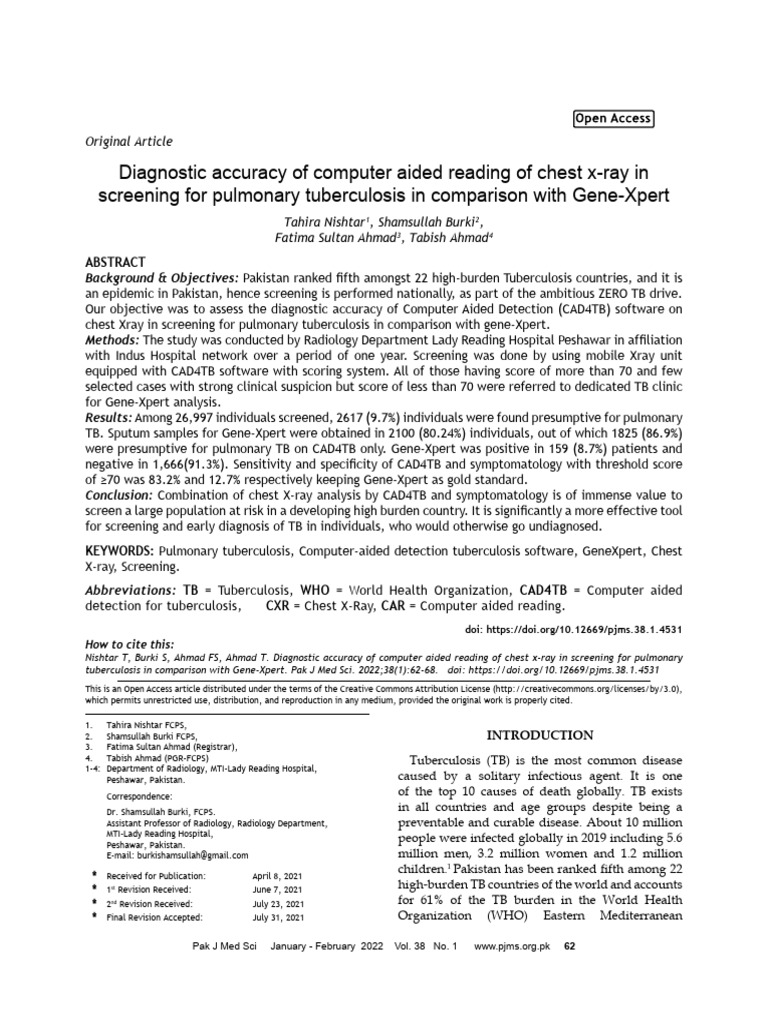 Diagnostic Accuracy of Computer Aided Reading of Chest X-Ray in Screening For Pulmonary ...