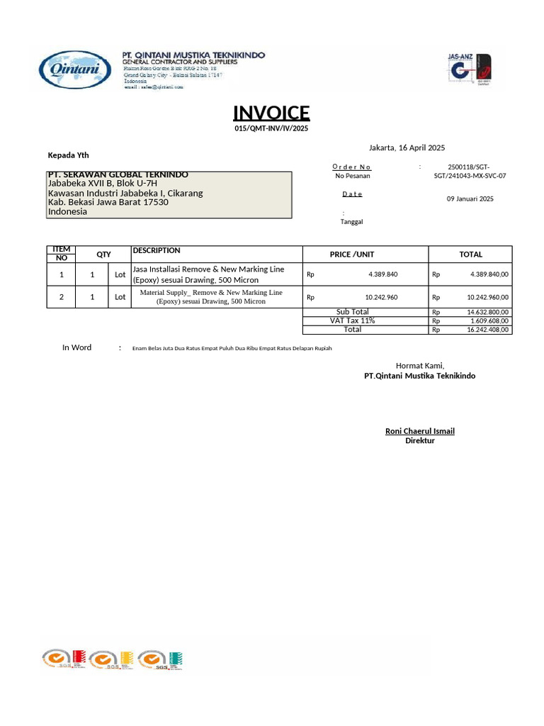 Invoice PT Qintani Mustika Teknikindo | PDF