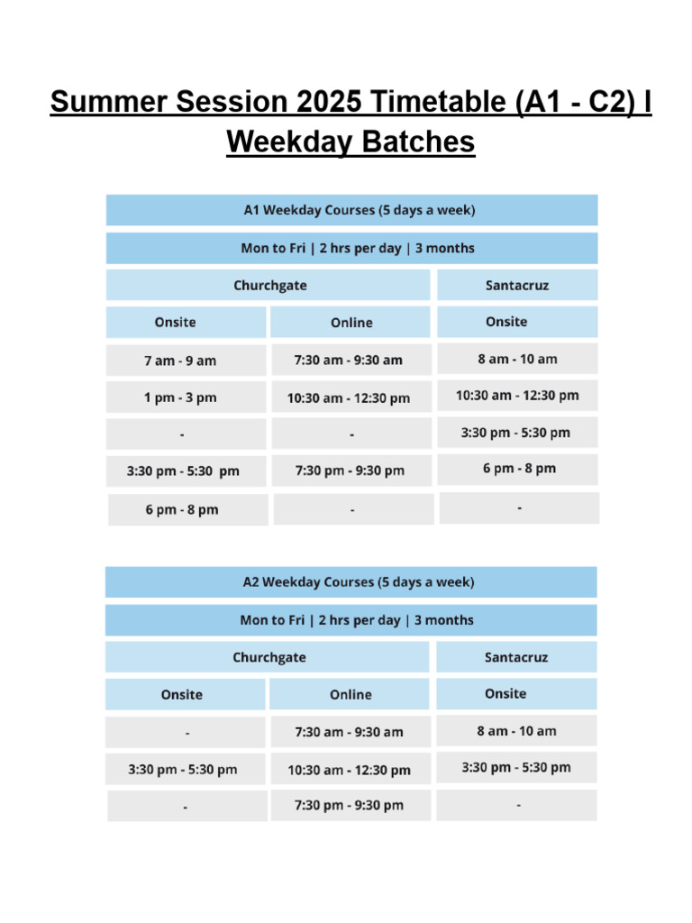 Summer Session 2025 Timetable A1 C2 L Weekday Batches 1 | PDF