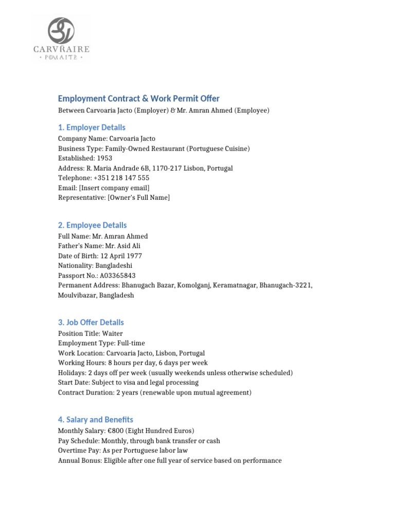 Portugal Employment Contract for Waiter | PDF | Employment ...
