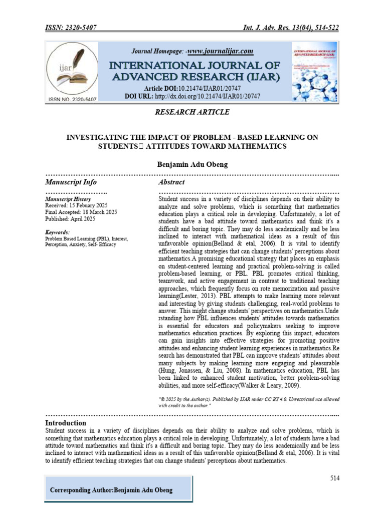 Investigating The Impact of Problem - Based Learning On Student's ...