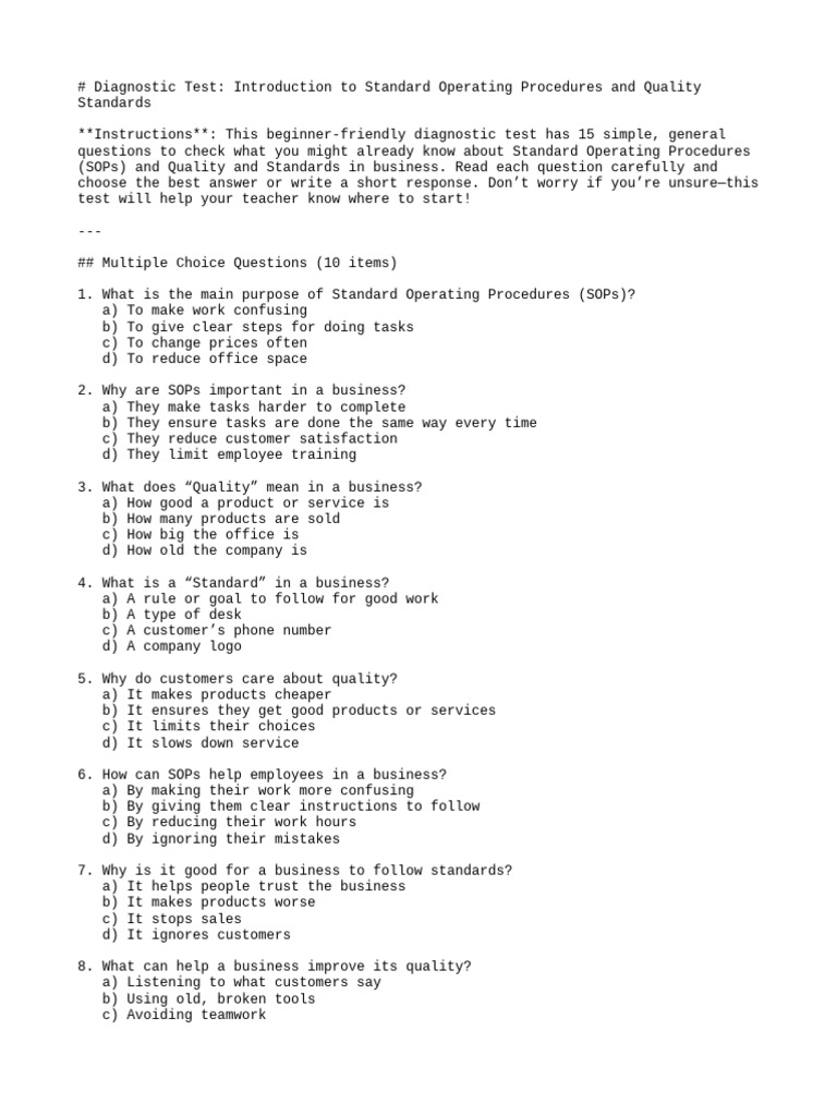 Beginner General Diagnostic Test On SOPs and Quality Standards | PDF ...