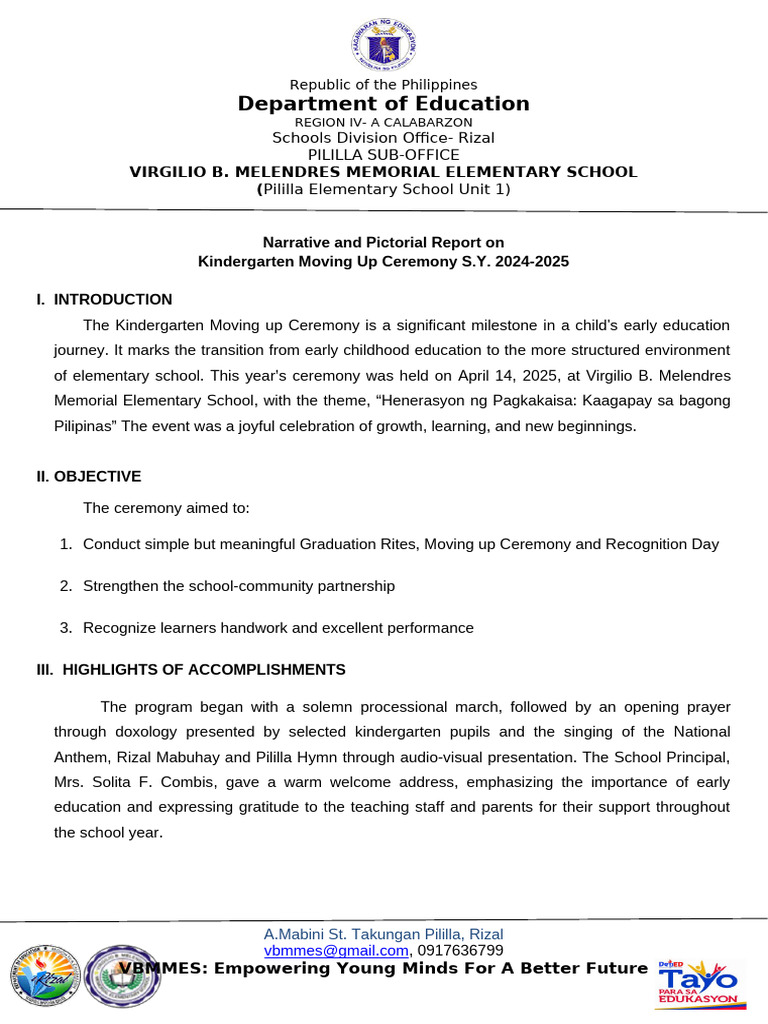 Narrative and Pictorial Report On Kindergarten Moving Up Ceremony SY ...