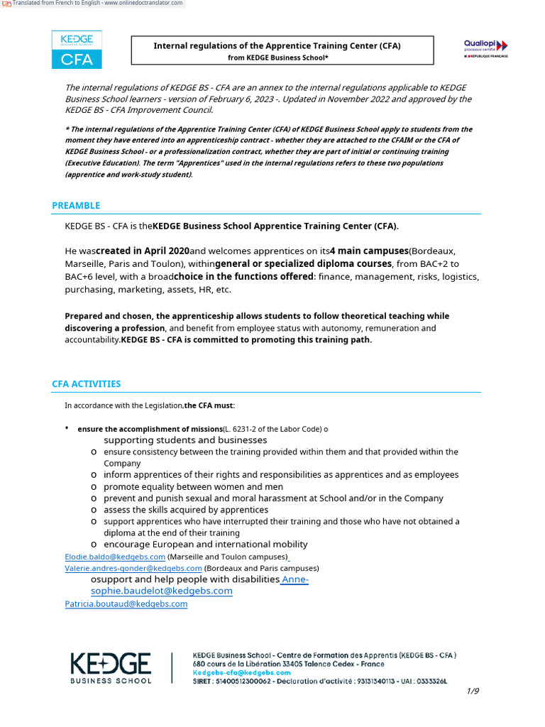 Kedge Bs Cfa r Glement Int Rieur 2023 (1).Fr.en | PDF | Apprenticeship | Labour Law