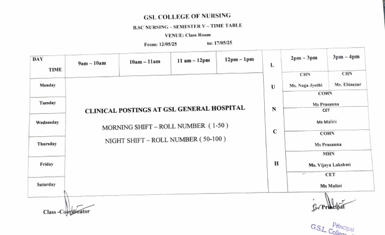 GSL Nursing B.Sc Semester V Timetable | PDF