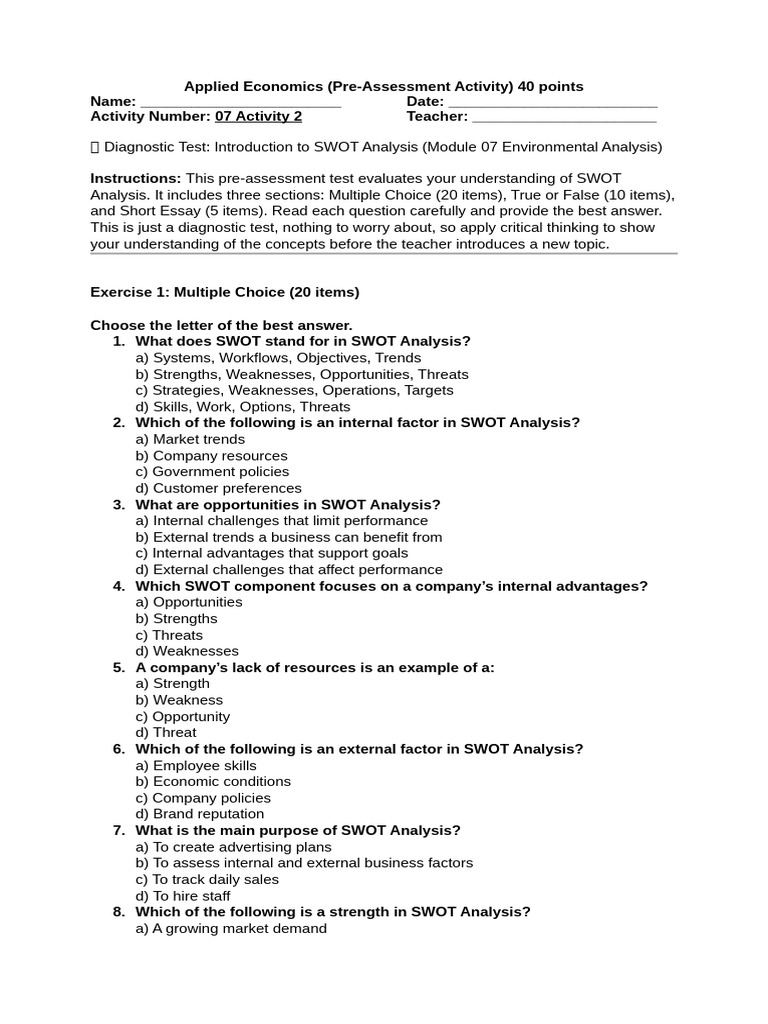 07 Diagnostic Test - SWOT Analysis | PDF | Swot Analysis | Business
