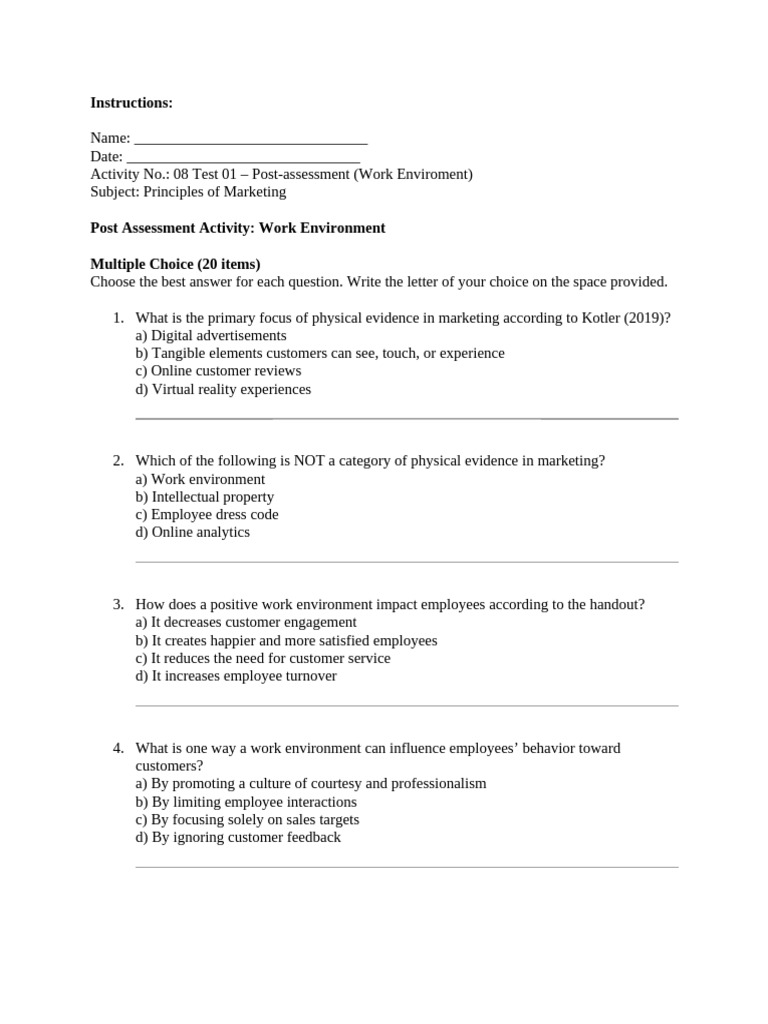 Post Assessment Work Environment May 5 2025 | PDF | Marketing | Retail