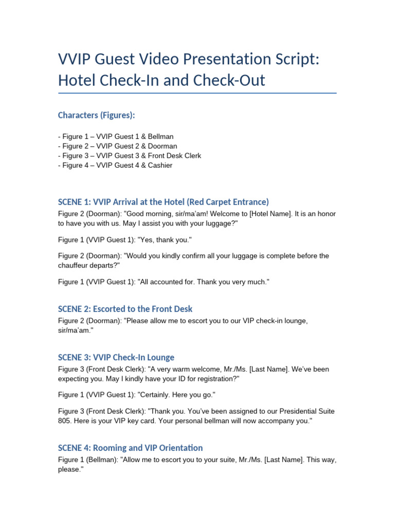 VVIP Hotel Check-In & Check-Out Script | PDF
