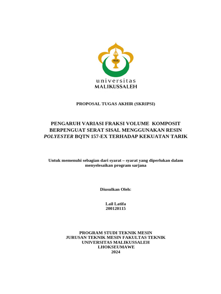 Proposal Penelitian Lail Latifa pengaruh variasi fraksi volume | PDF