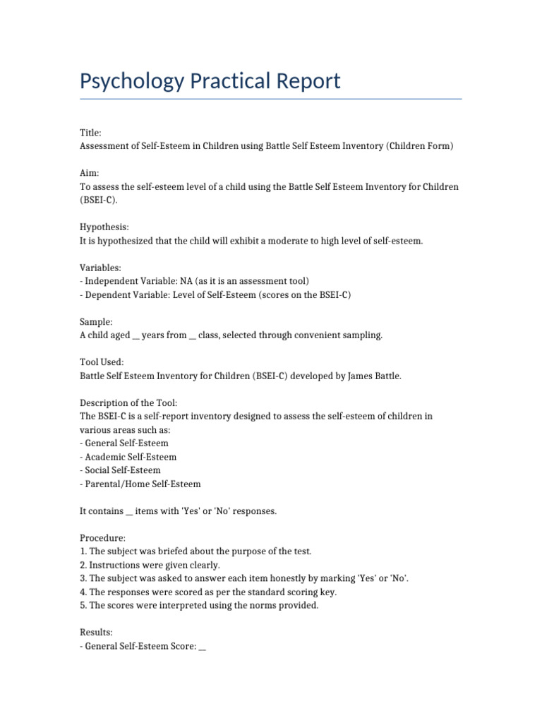 Battle Self Esteem Practical Report Sample | PDF