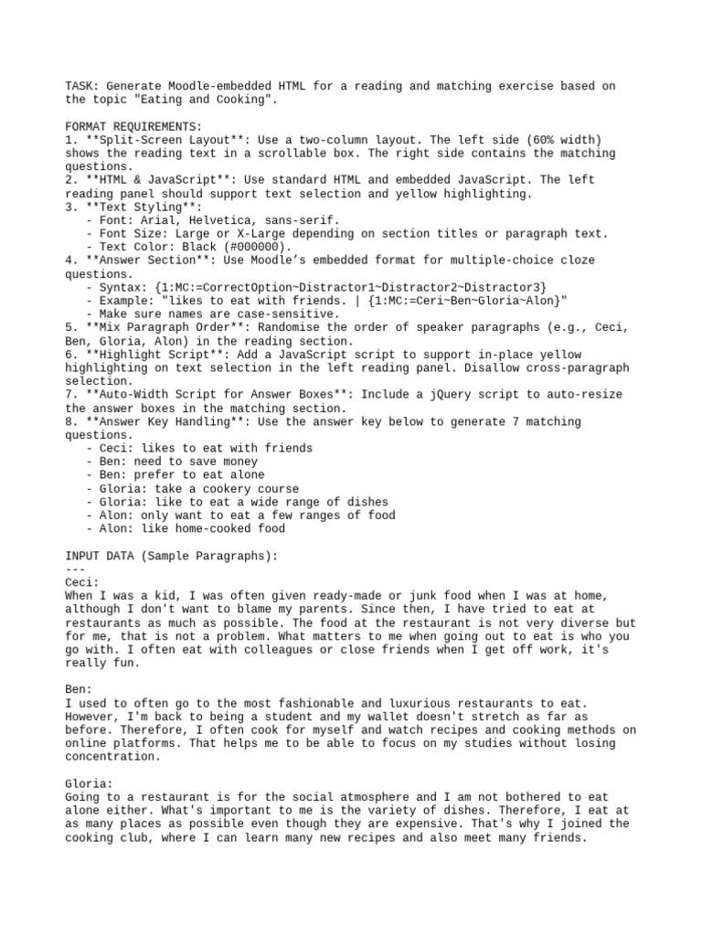 Moodle Ai Prompt Eating and Cooking | PDF