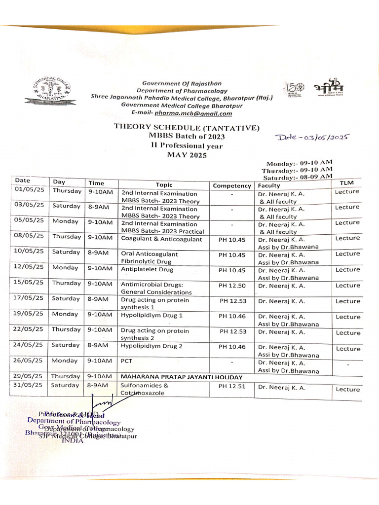 MBBS Batch 2023 Schedule For May, 2025 | PDF