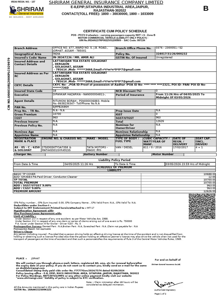 PolicySchedule - 24109884 - 20250503 - 112627 | PDF | Insurance ...