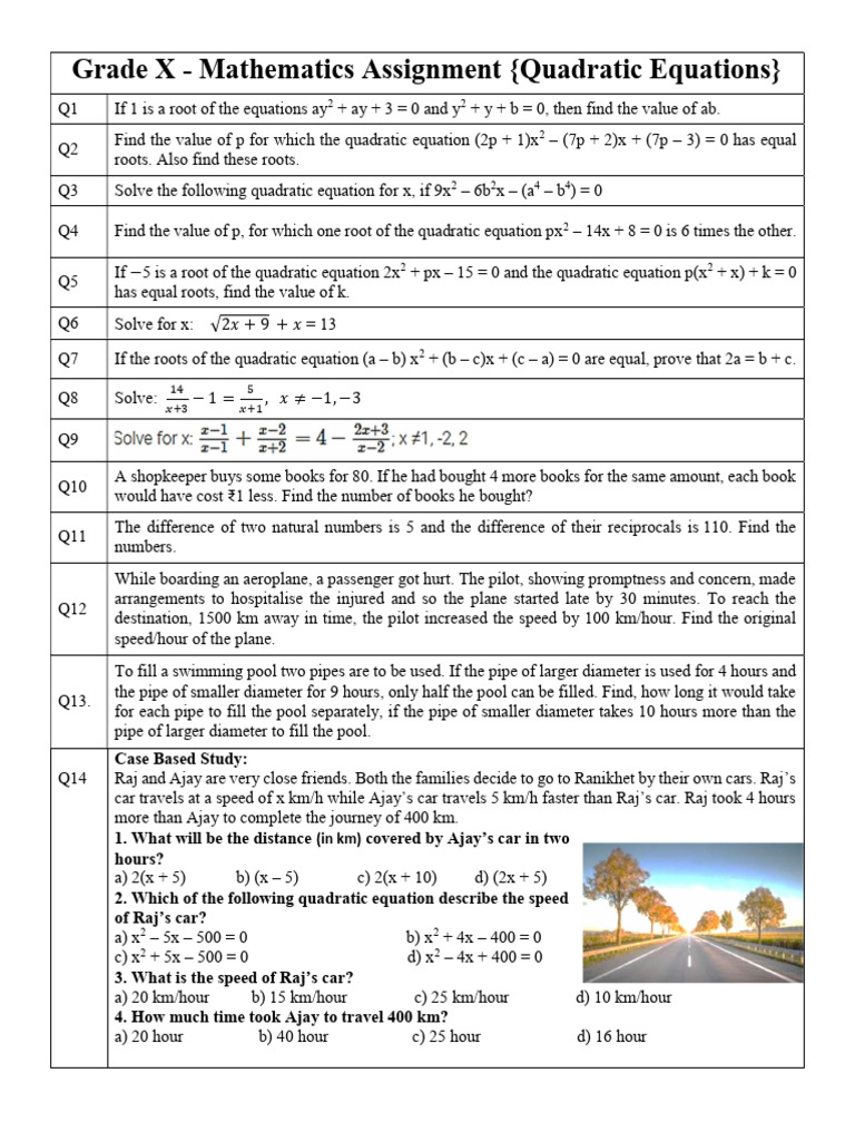 GR 10 AssignmentCh.4 Quadratic Eqns. | PDF | Speed | Algebra