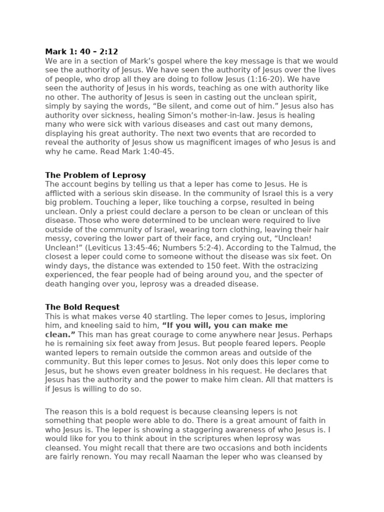 Bible Study - Mark 1 - 40 - 2 - 12 | PDF | Jesus | Leprosy