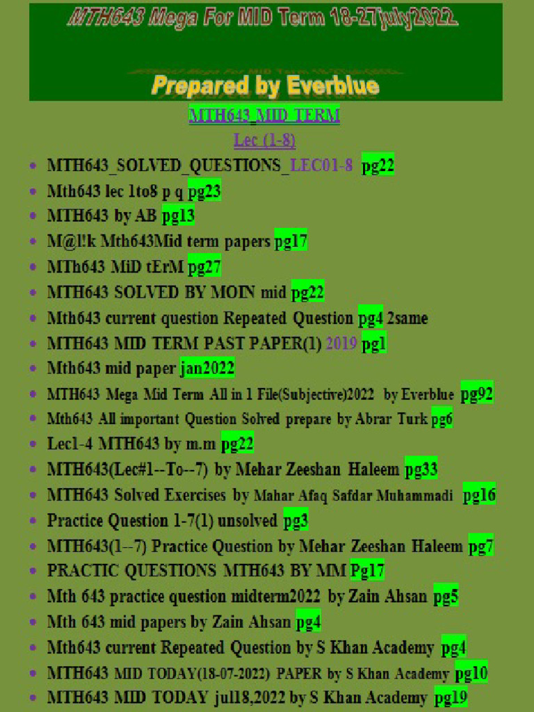 MTH643 MidTerm Mega All In 1 File Till 31 july22 -1 | PDF | Equations | Function (Mathematics)