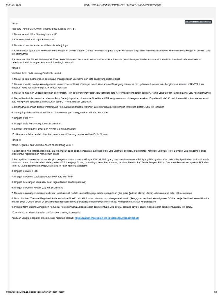 Lpse - Tata Cara Pendaftaran Akun Penyedia Pada Katalog Versi 6 | PDF