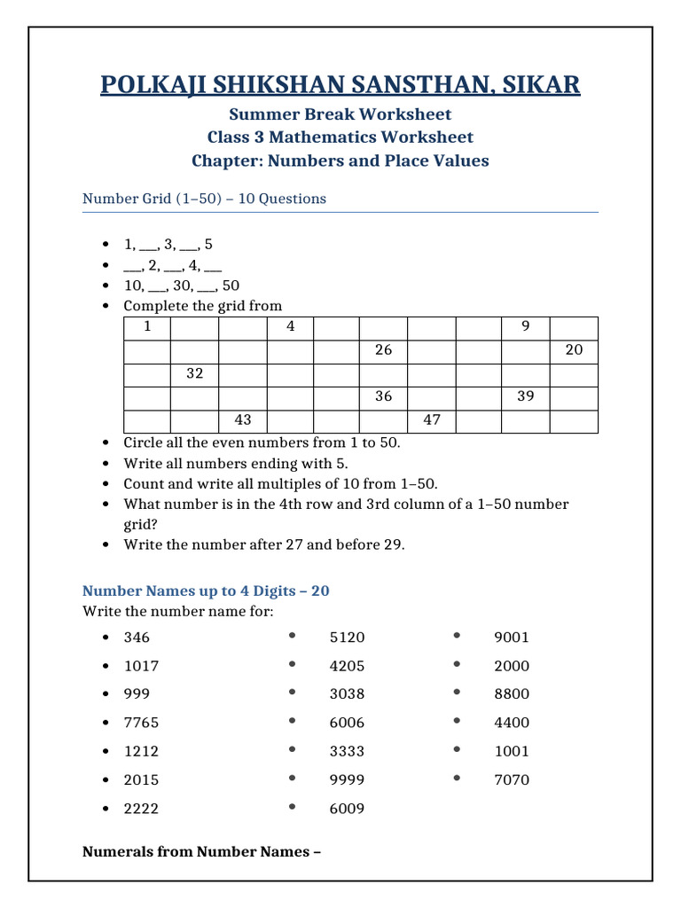 Class_3_Maths_Worksheet_Numbers_and_Place_Values_Final | PDF | Numbers ...