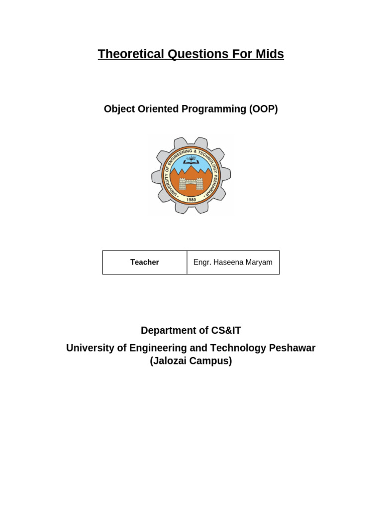 OOP Concepts and Questions for MIDs | PDF | Programming | Constructor ...