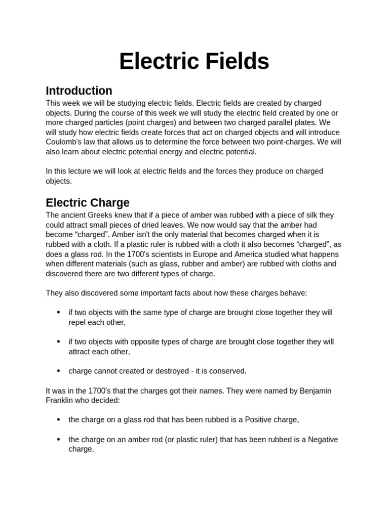 Week 15 Lesson 1 - Electric Fields and Forces - Notes | PDF | Electric ...