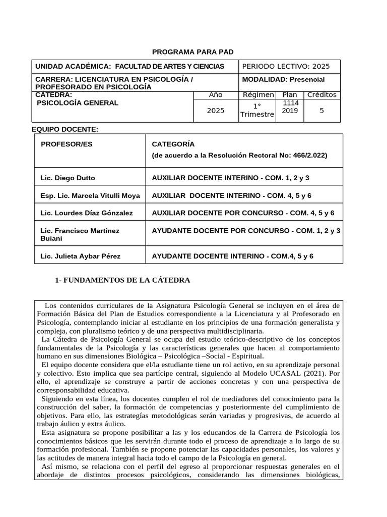 Programa PAD 2025-Psicologia General | PDF | Sicología | Evaluación