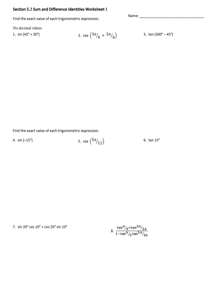 Sum and Difference Identities Worksheet Day One | PDF