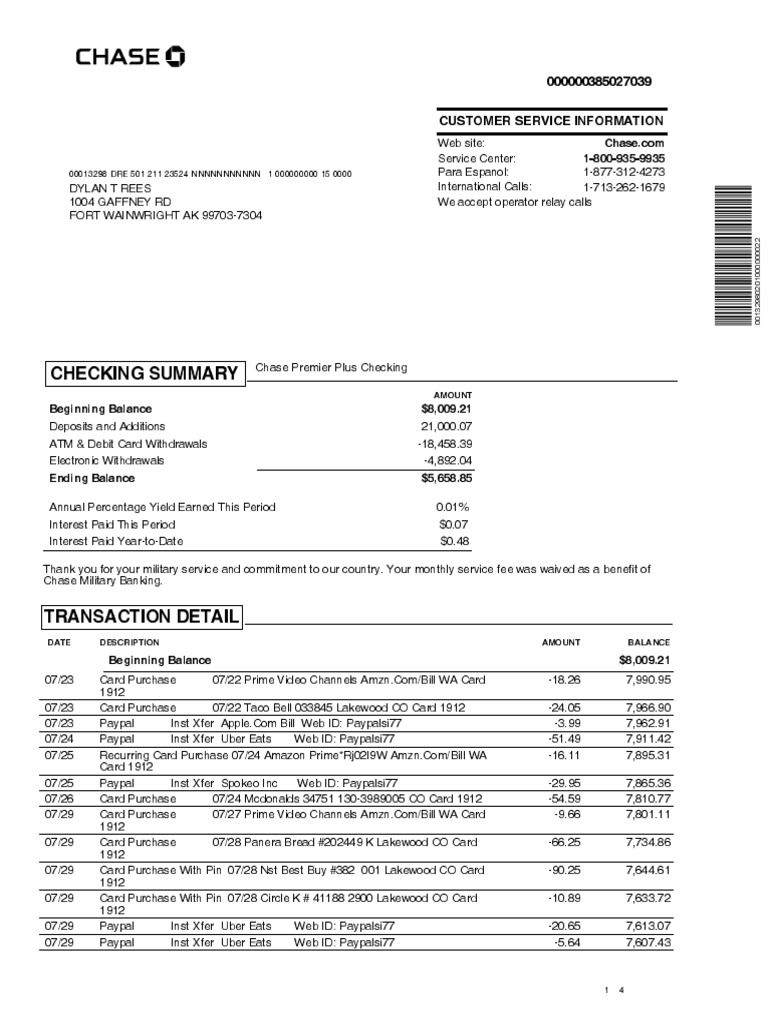 Chase Bank Statement Summary | PDF | Automated Teller Machine | Debit Card