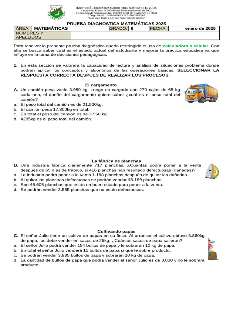 Prueba Diagnóstica Matemáticas 6to 2025 | PDF