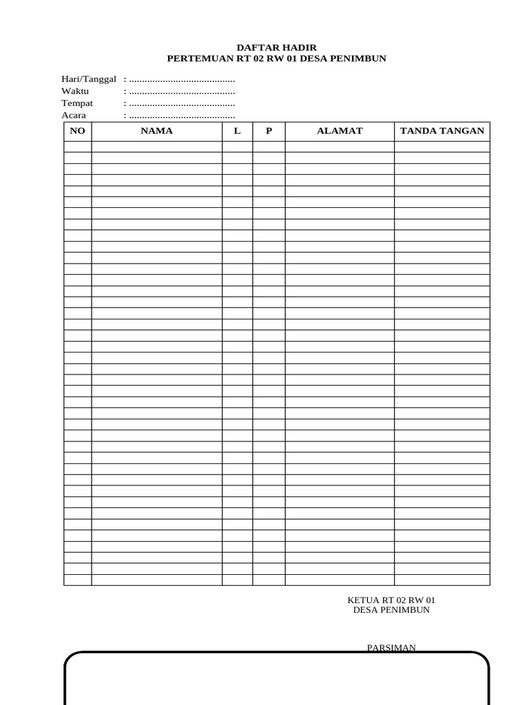 Daftar Hadir RT 01 RW 01 Desa Penimbun | PDF