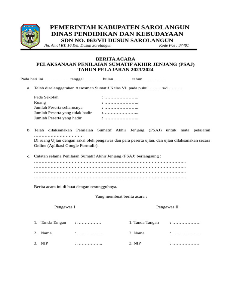 Berita Acara Pelaksanaan Ujian Sekolah | PDF