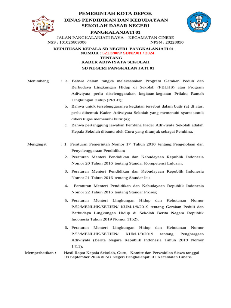 Contoh SK Kader Adiwiyata Sekolah | PDF