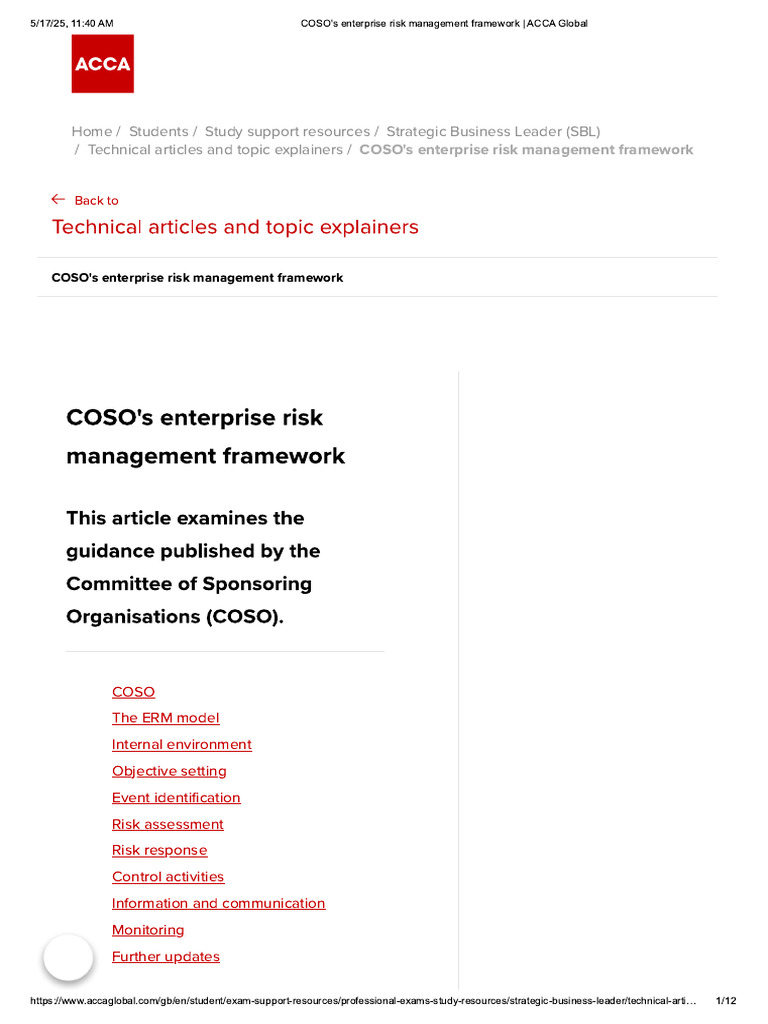 COSO - S Enterprise Risk Management Framework - ACCA Global | PDF