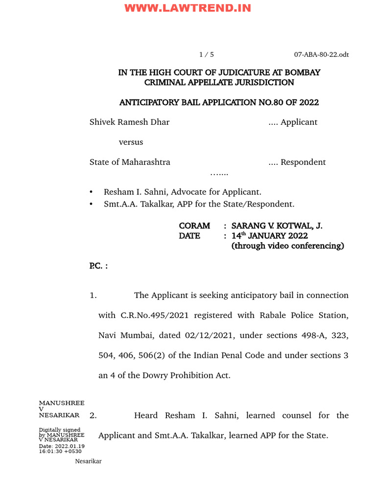 Anticipatory Bail Judgement 498A 14012022 | PDF | Crimes | Crime & Violence
