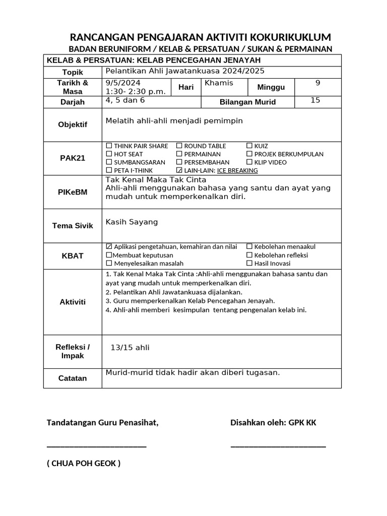2rancangan Aktiviti Kokurikuklum Sekolah KPJ | PDF