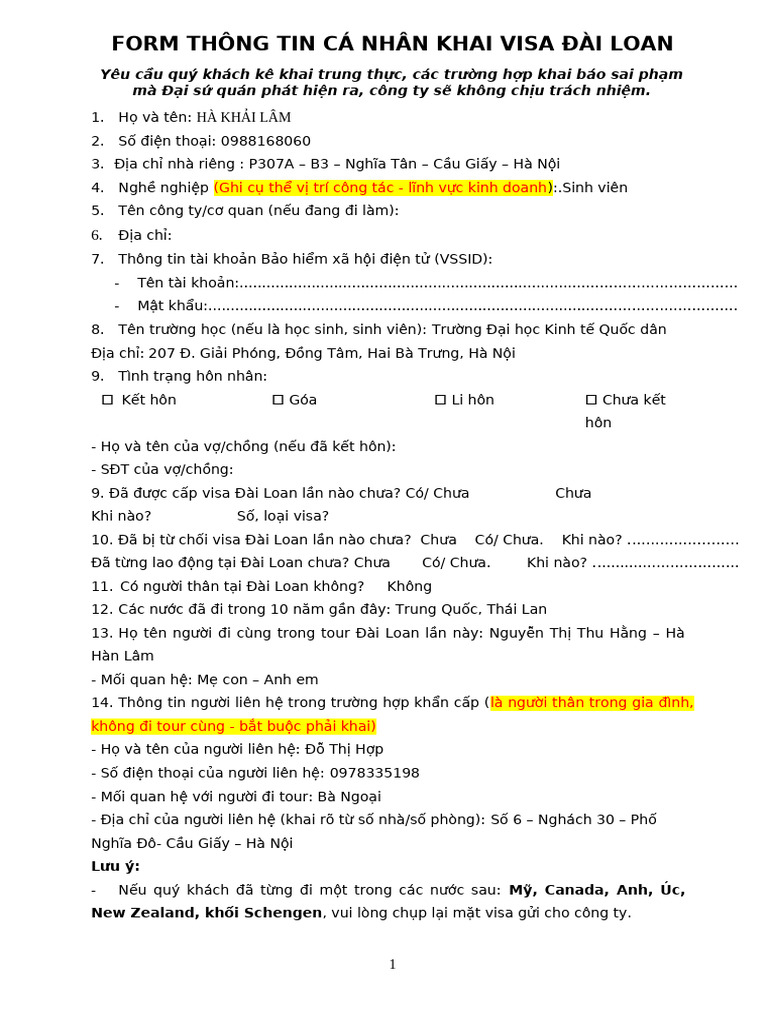 Form T Khai - Xin Visa Đài - KH I Lâm | PDF