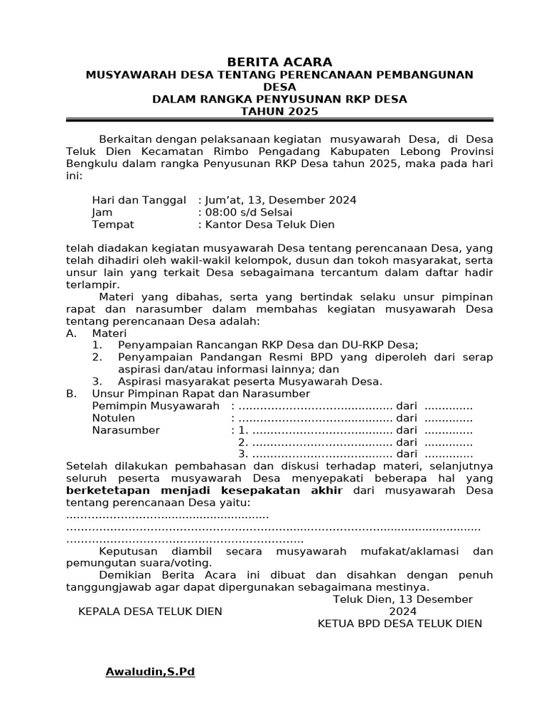 13 Edit - Form BA, Notulensi Dan Daftar Hadir Musdes Pembahasan, Penetapan Dan Pengesahan RKP ...