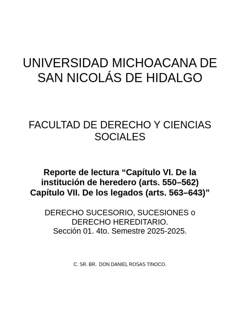 Reporte de Lectura "Capítulo VI. de La Institución de Heredero (Arts. 550-562) | PDF | Herencia ...