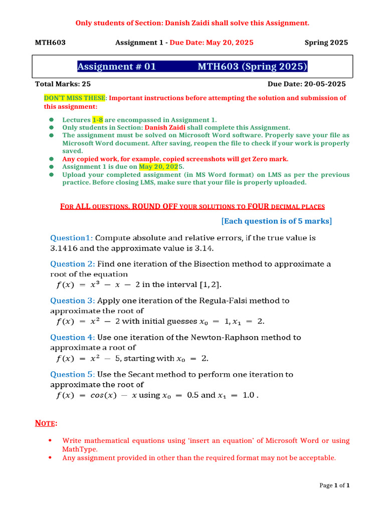 (Section Incharge - Danish Zaidi) - MTH603 - Assignment 1 - Spring 2025 - Word Version | PDF